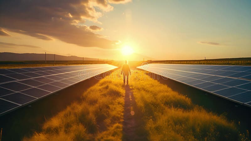Solar Panels in a Field Against a Sunset Background. Environment ...