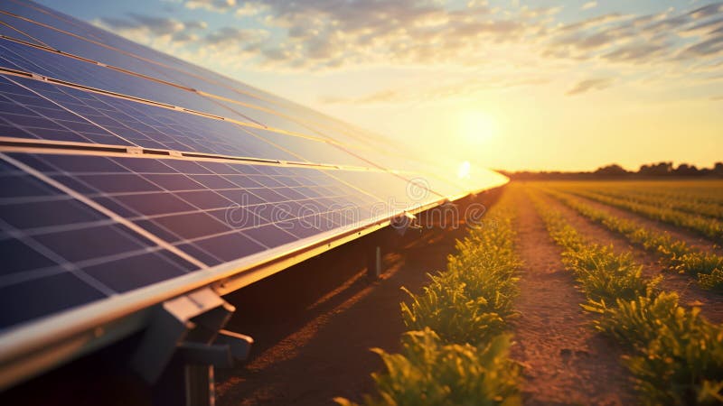 Solar Panels in a Field Against a Sunset Background. Environment ...