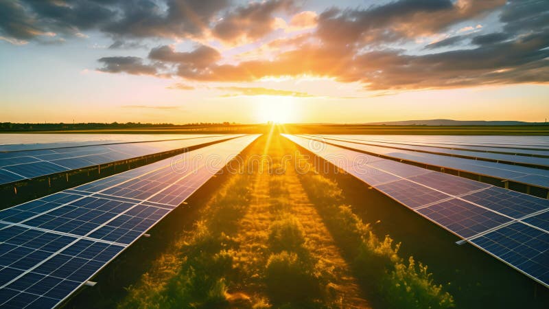Solar Panels in a Field Against a Sunset Background. Environment ...