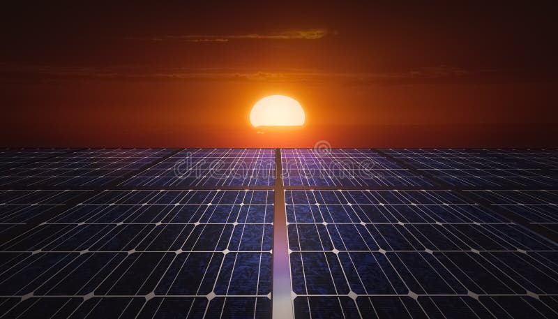 Solar Panels Field at Sunrise or Sunset Stock Illustration ...