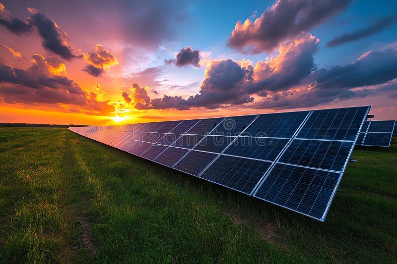 Solar Panels in a Field at Sunset, with Dramatic Clouds Stock ...