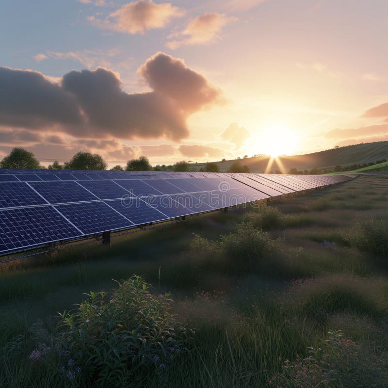 Solar Panels in a Field at Sunset. Renewable Sources of Electricity ...