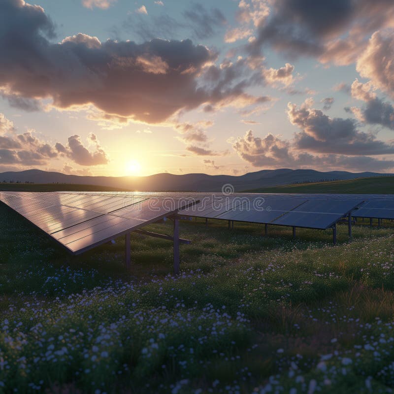 Solar Panels in a Field at Sunset. Green Energy Stock Illustration ...