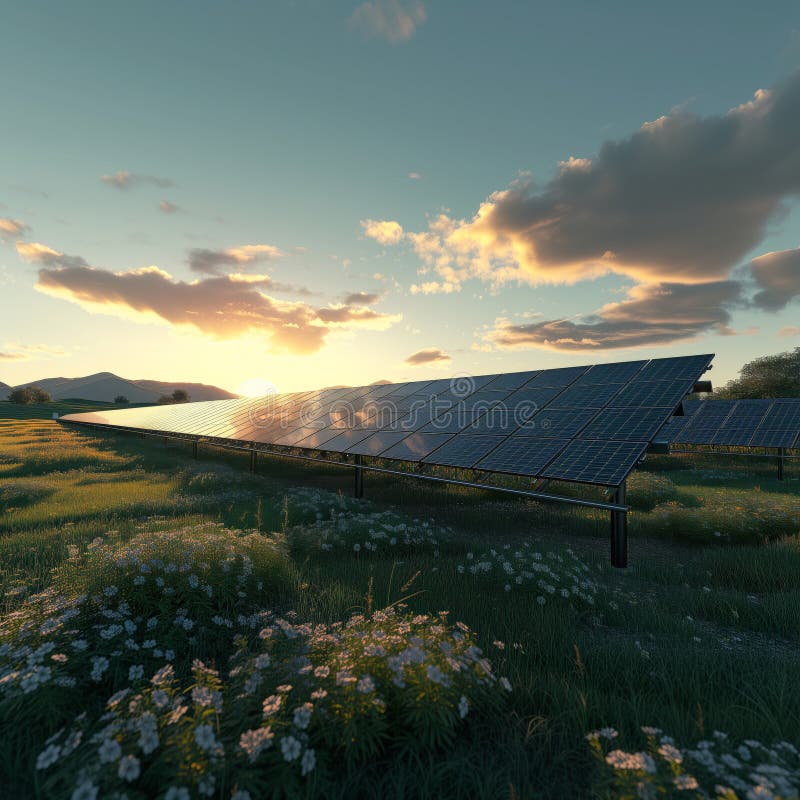 Solar Panels in a Field at Sunset. Renewable Sources of Electricity ...