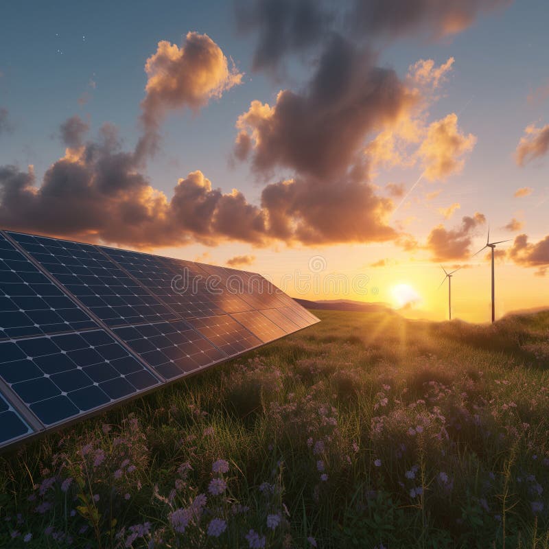 Solar Panels in a Field at Sunset. Green Energy Stock Illustration ...