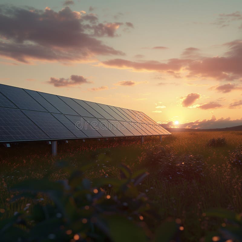 Solar Panels in a Field at Sunset. Green Energy Stock Illustration ...