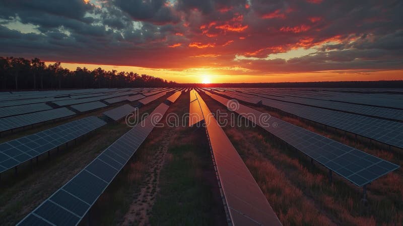 Solar Panels in a Field during a Vibrant Sunset with Dramatic Colors ...