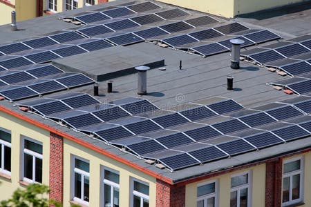 Solar Panels on a Flat Roof of a Building Stock Image - Image of living ...