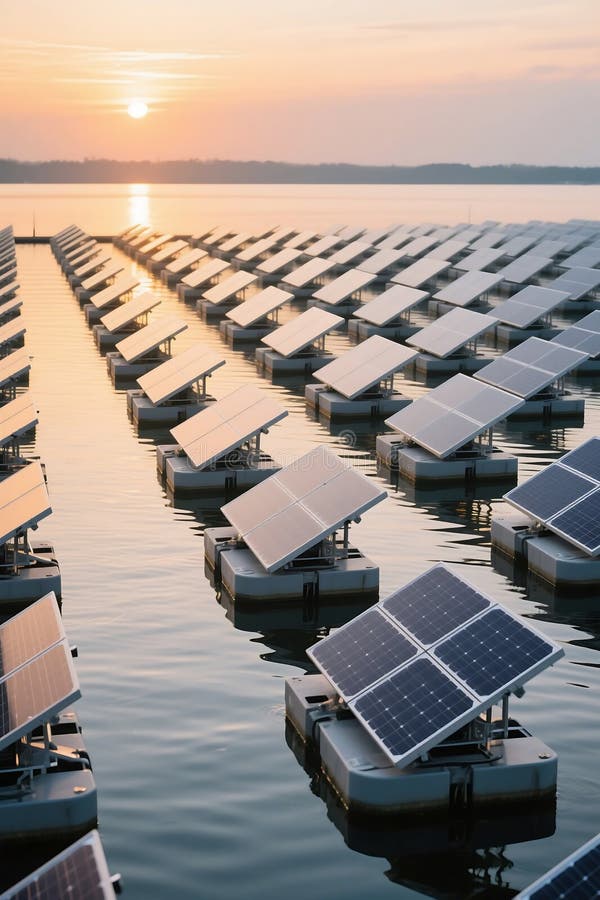 Solar Panels Float on Lake Surface at Sunset Floating Solar Stock ...