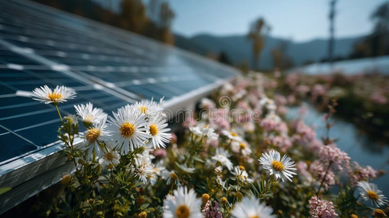 Solar Panels in Flower Field Stock Photo - Image of clean, growth ...