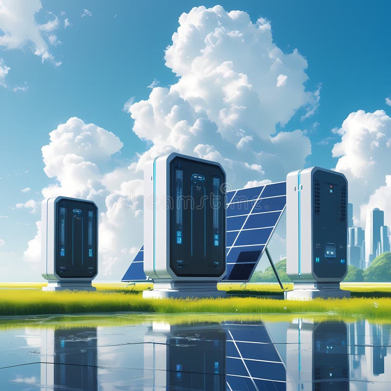 Solar Panels and Futuristic Charging Stations are Set on a Grassy ...