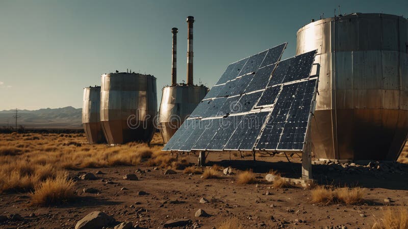 Solar Panels and Futuristic Metal Structures in a Desert Setting with ...