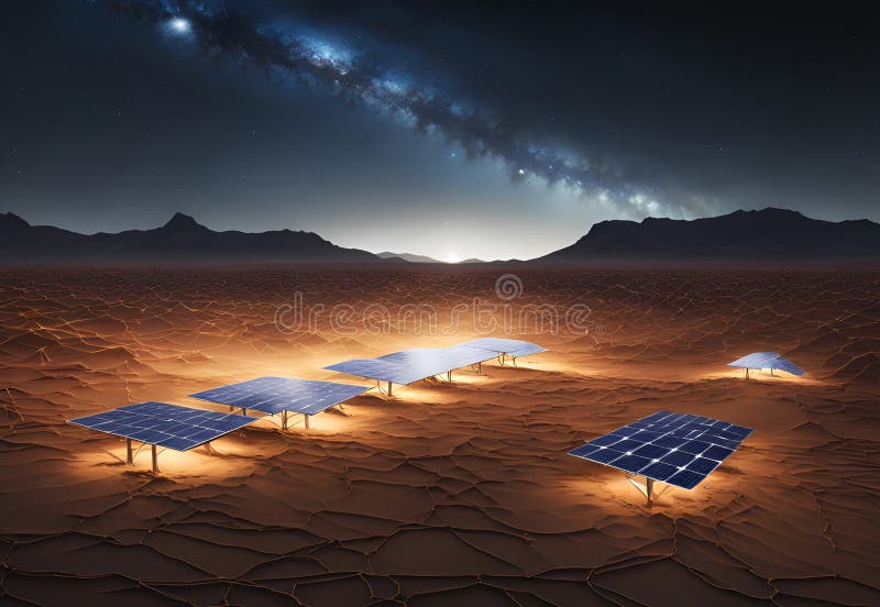 Solar Panels in a Futuristic Setting with a Glowing Orange Sky Stock ...