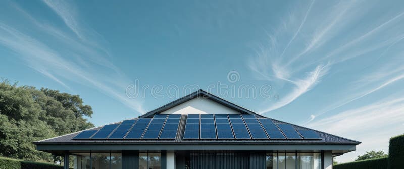 Solar Panels Gable Roof Beautiful Modern Home. Stock Photo - Image of ...