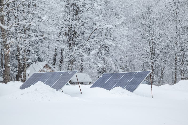 Solar Panels on the Glamping in the Winter Forest Stock Image - Image ...