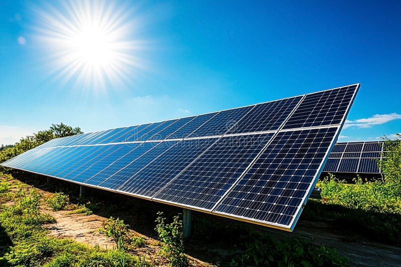 Solar Panels Gleam Under a Bright Sun in a Field with Clear Blue Sky ...