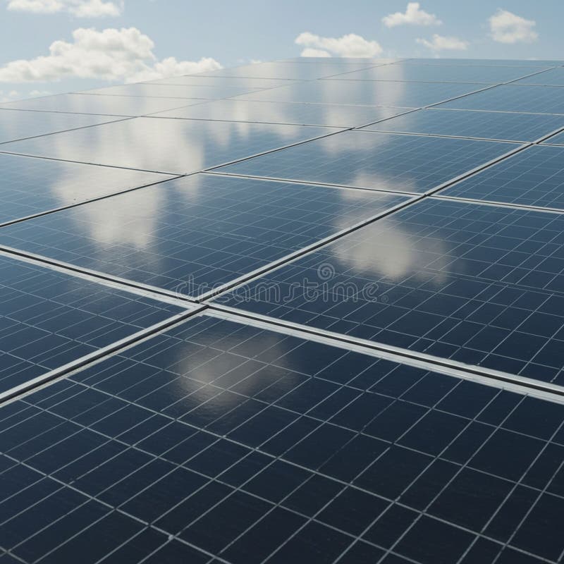 Solar Panels with a Glossy Blue Surface Reflect White Clouds Against a ...