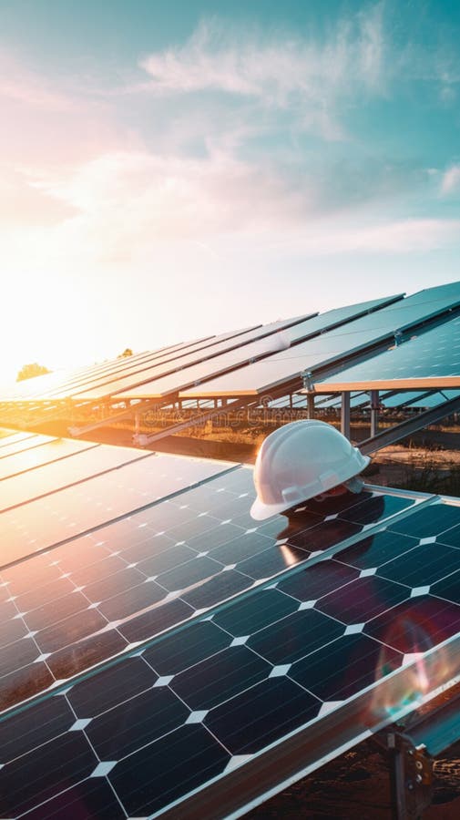 Solar Panels Glow in Warm Light, with White Hard Hat on One Panel Stock ...