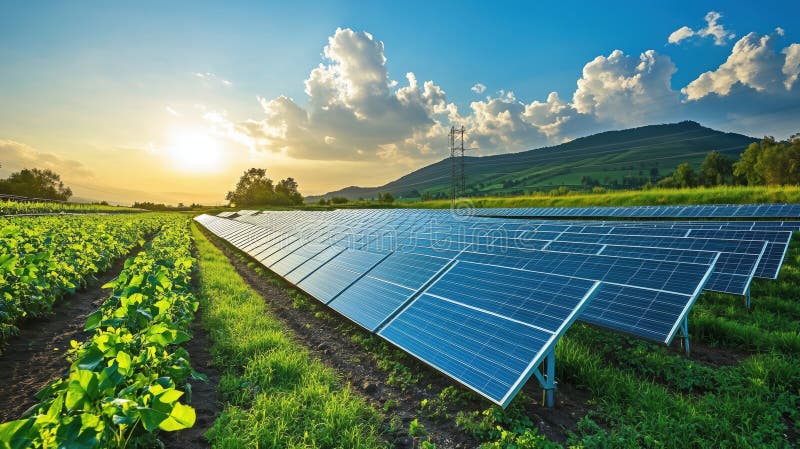 Solar Panels in Green Field at Sunset Stock Photo - Image of ...