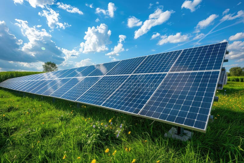Solar Panels in Green Field Under Blue Sky Stock Illustration ...