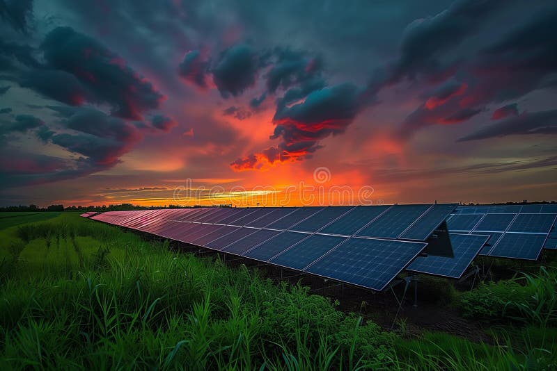 Solar Panels in a Green Field during a Vibrant Sunset with Dramatic ...