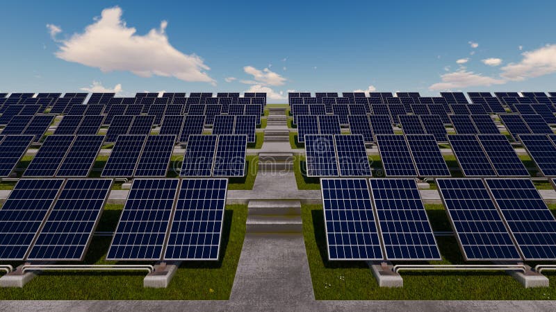 Solar Panels on the Green Fields Under Bright Sun Stock Illustration ...