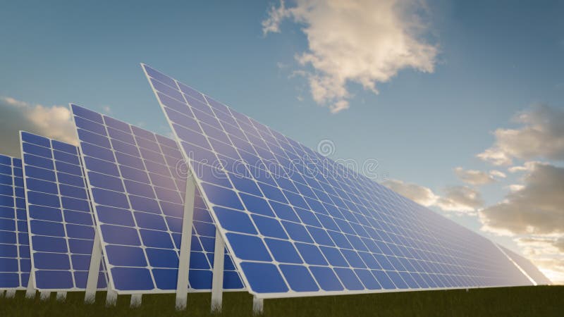 Solar Panels on the Green Fields Under Bright Sun 3d Rendering Stock ...