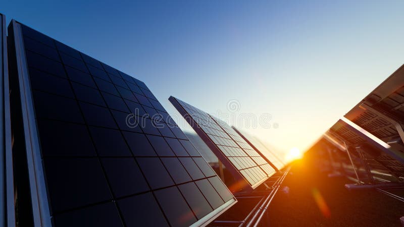 Solar Panels on the Green Fields Under Bright Sun Stock Illustration ...