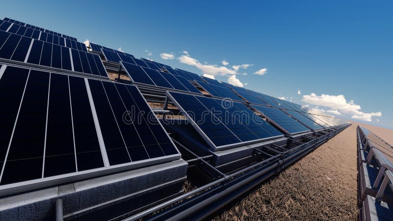 Solar Panels on the Green Fields Under Bright Sun Stock Illustration ...