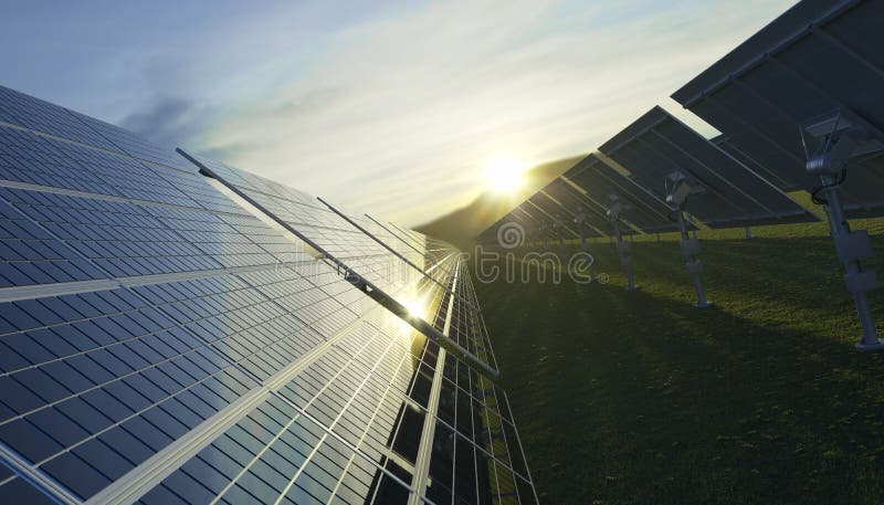 Solar Panels on the Green Fields Under Bright Sun Stock Illustration ...