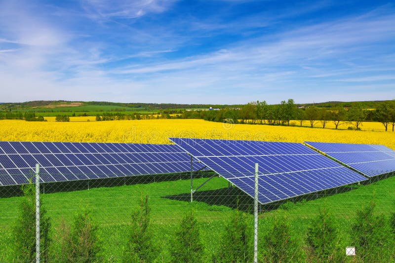 Solar Panels on Green Grass, Blue Sky Stock Photo - Image of panels ...