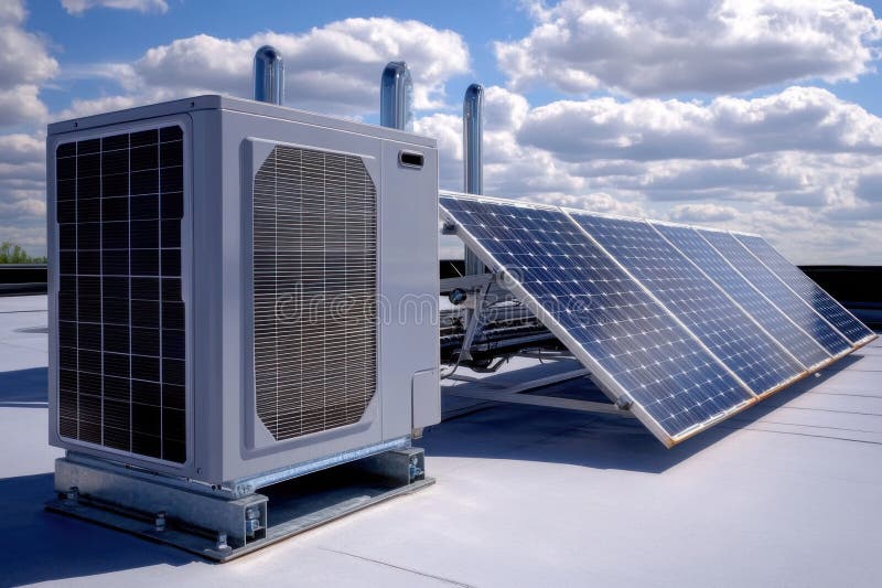 Solar Panels and Heating Unit Installed on a Rooftop during a Sunny Day ...