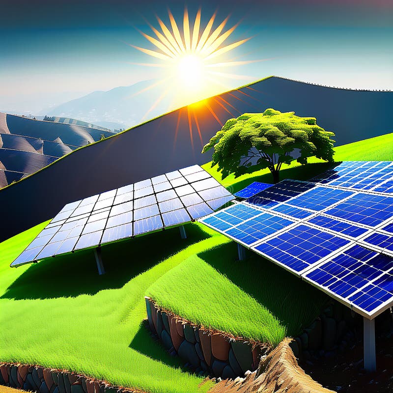 Solar Panels on a Hillside. Energy Saving Stock Illustration - Illustration of electricity ...