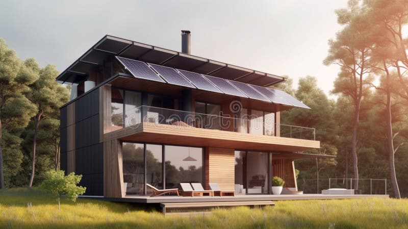 Solar Panels, on the House in the Field, Green Tariff. Generative AI ...