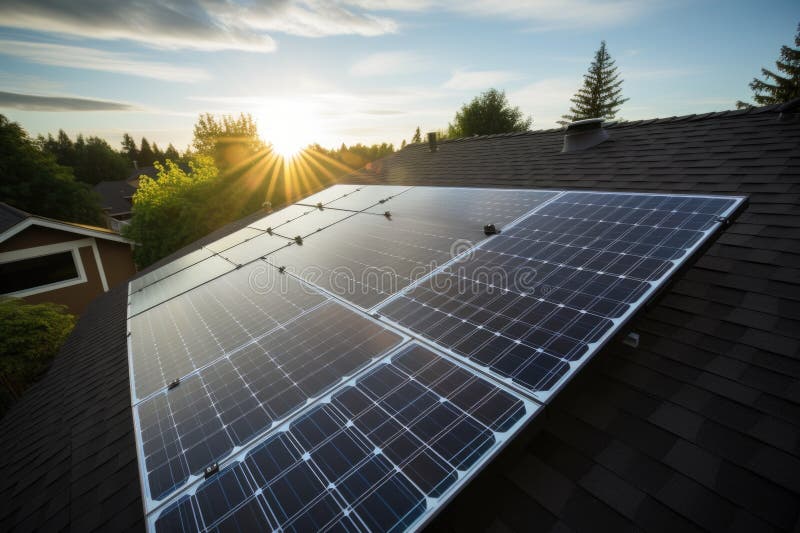 Solar Panels on a House Roof Reflecting Sun Rays Stock Illustration ...