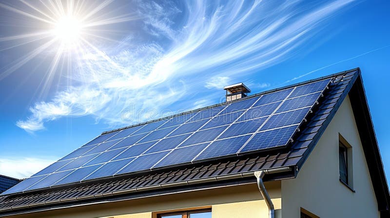 Solar Panels on a House Roof Under the Sun Stock Illustration ...