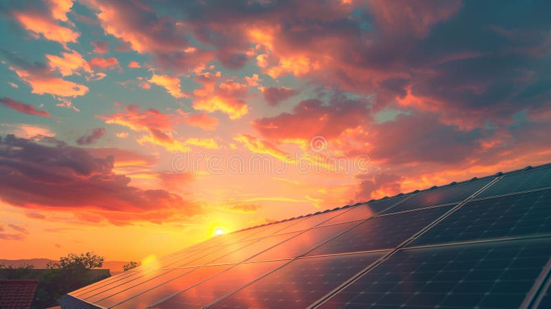 Solar Panels on a House Roof during a Vibrant Sunset Stock Illustration ...