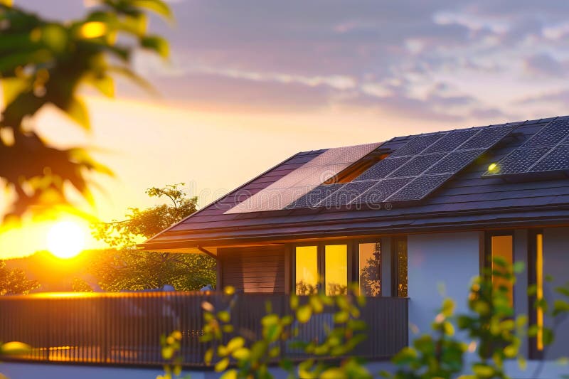 Solar Panels on a House at Sunset Stock Photo - Image of sunrise ...