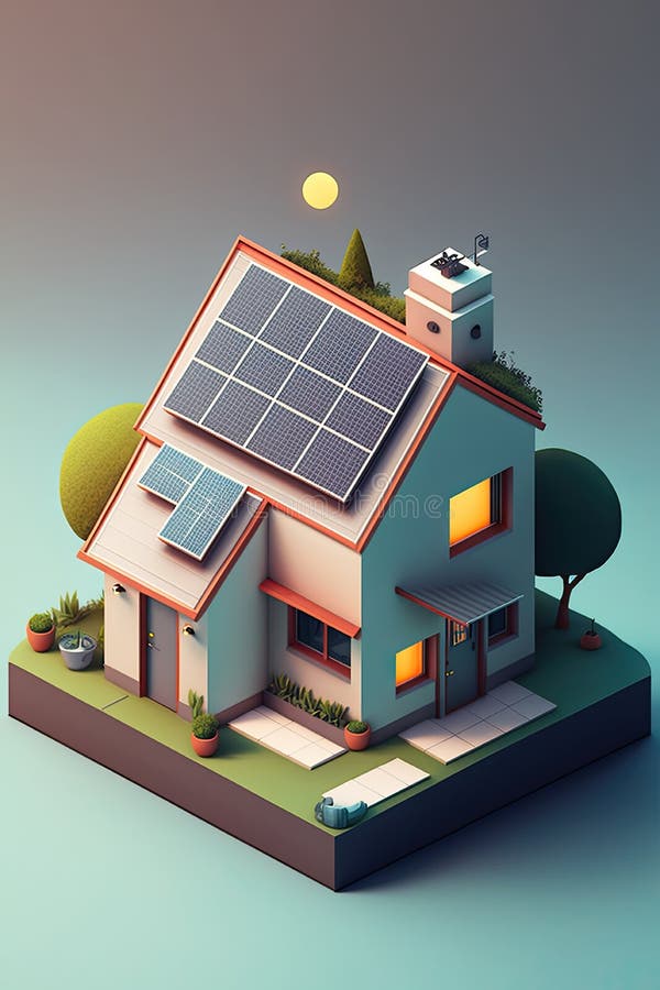 Solar Panels on Idilic 3D House. Natural Resource of Energy. Generative ...