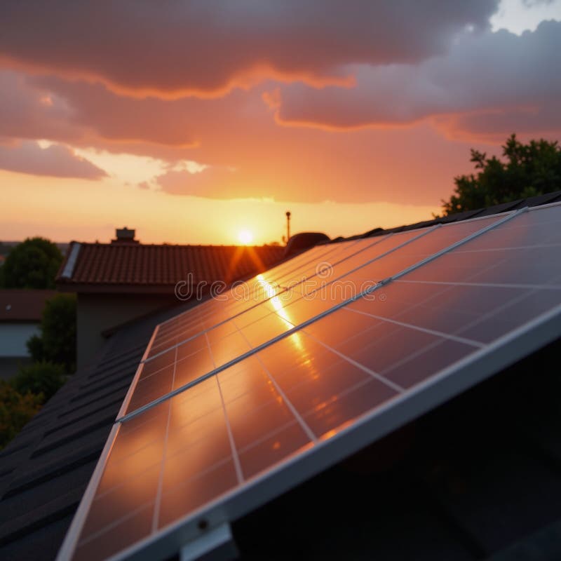 Solar Panels Illuminated by Sunset Light on Roof Stock Illustration ...