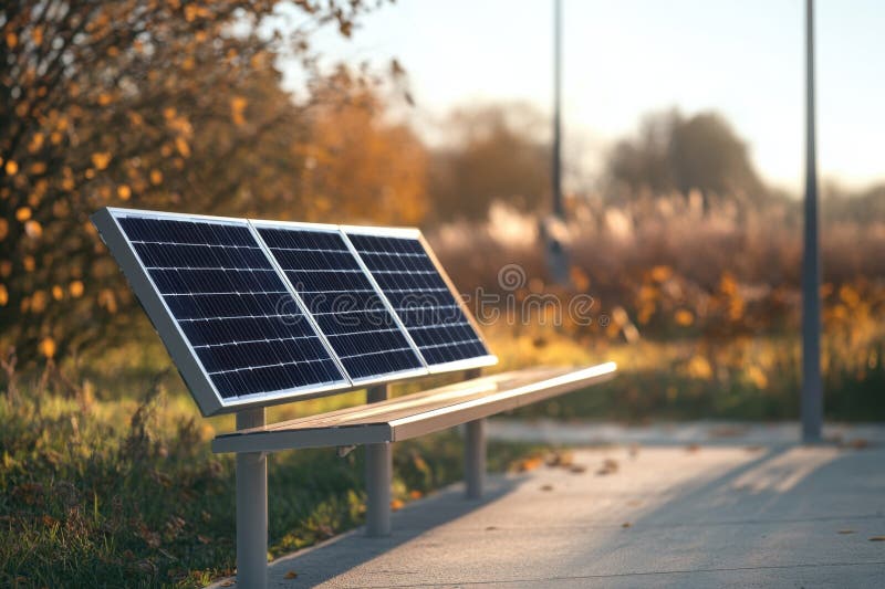Solar Panels Installed Along a Pathway in a Natural Setting at Sunset ...