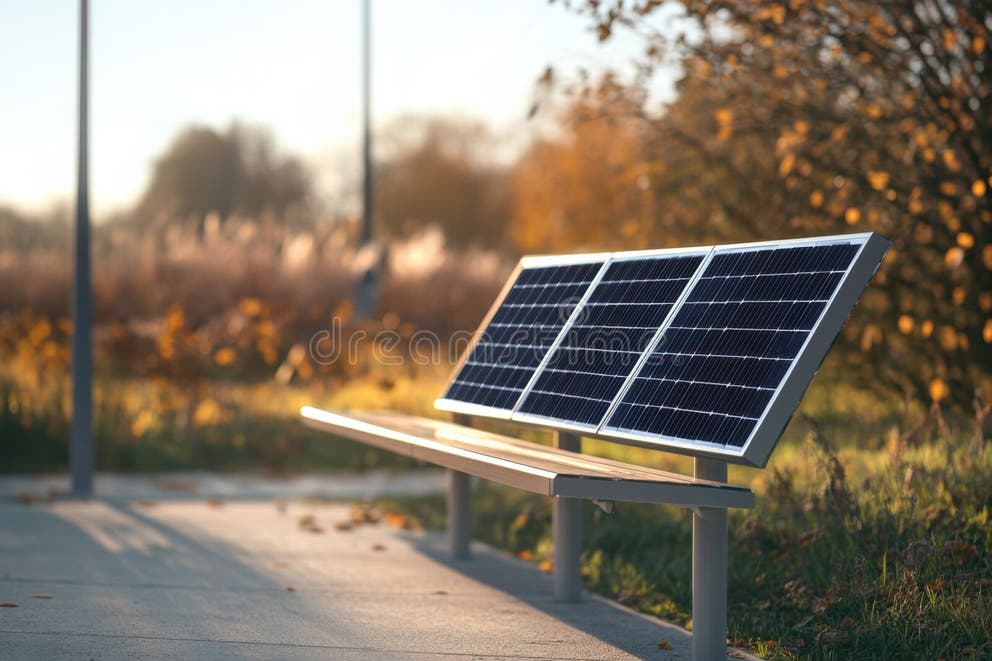 Solar Panels Installed Along a Pathway in a Natural Setting at Sunset ...