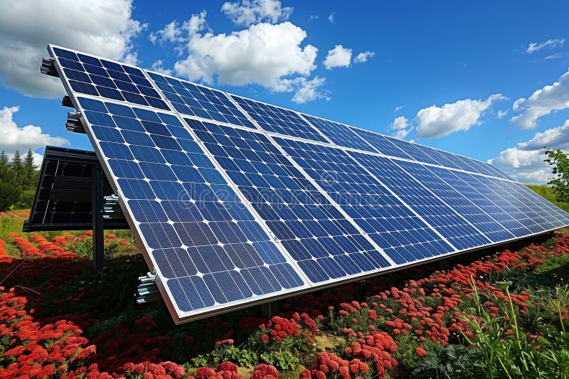 Solar Panels Installed Amid Vibrant Red Flowers Under a Clear Blue Sky ...