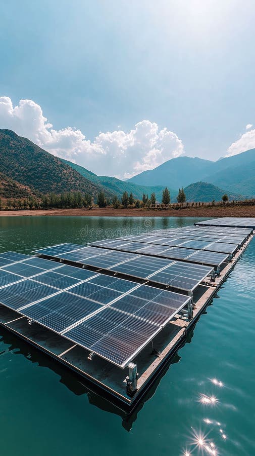 Solar Panels Installed on a Floating Platform in a Calm Reservoir Under ...