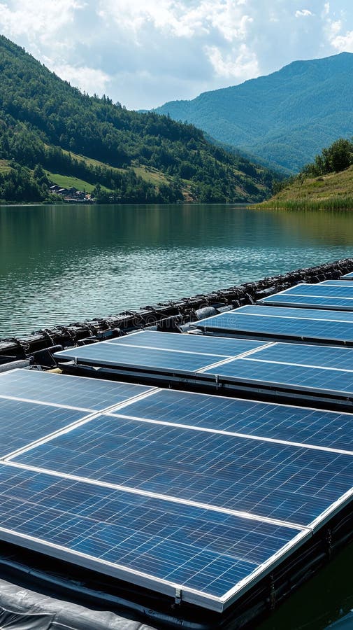 Solar Panels Installed on a Floating Platform in a Calm Reservoir Under ...
