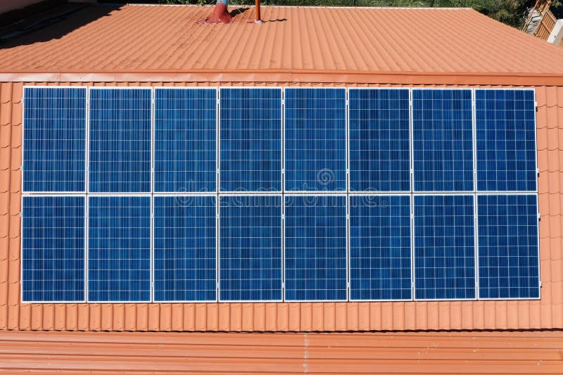 Solar Panels Installed on Roof of House, Aerial View Stock Photo ...