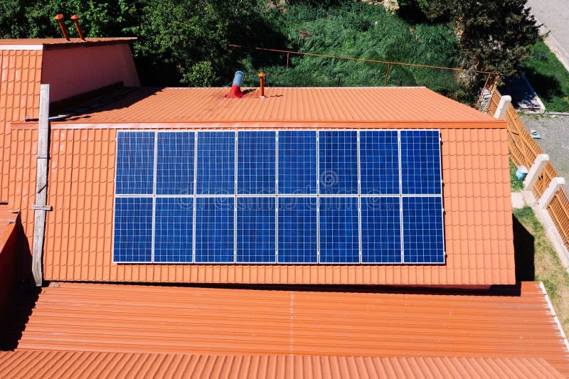 Solar Panels Installed on Roof of House, Aerial View Stock Image ...