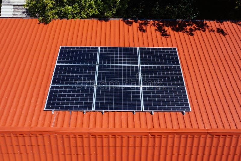 Solar Panels Installed on Roof of House, Aerial View Stock Photo ...