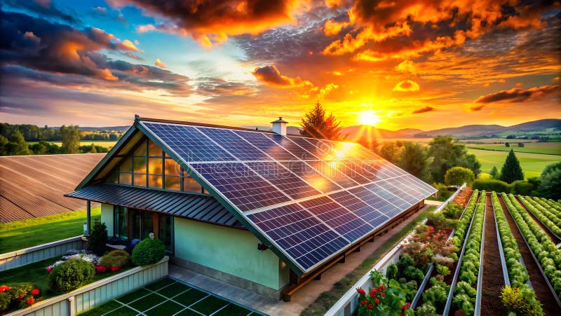Solar Panels Installed on Roof of a House with a Beautiful Sunset Stock ...