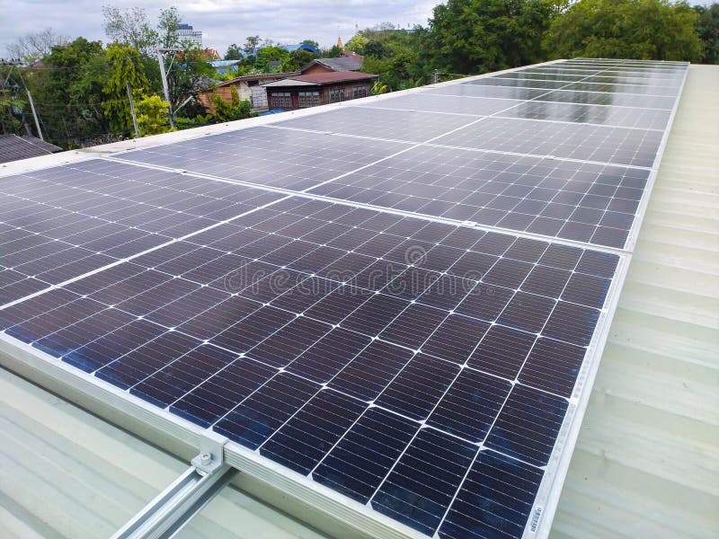 Solar PV on Warehouse Roof with Facilities Stock Image - Image of cable ...